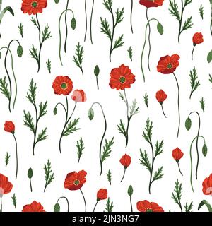 Red poppy florals and garden flowers. Seamless pattern illustration ...