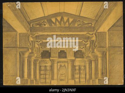 Stage study: Perspective interior view of a palace with a fireplace and ...