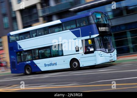 A double decker bus heading from Bardford into Leeds City Centre ...