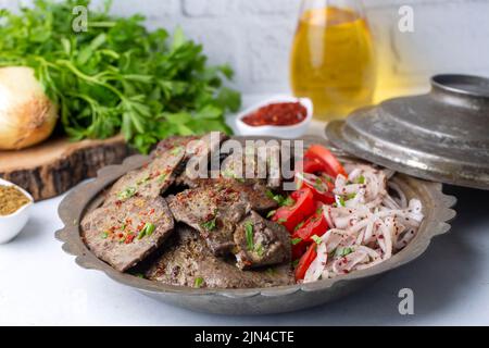 Traditional Turkish Liver kebab cuisine. Leaf Liver spicy. Delicious ...