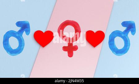 Polyamory concept. Two red female gender symbols, one blue male gender ...