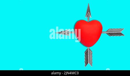 Feathered bow arrow running through two red hearts isolated on white ...