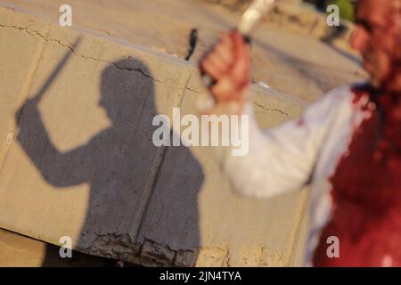 Baghdad, Iraq. 09th Aug, 2022. Shiite Muslim men hit their heads with ...