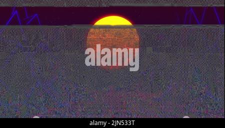 Image of interference and sun over digital mountains on black ...
