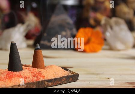 Rock Crystal With Incense and Stone Pyramid on Meditation Table Stock ...