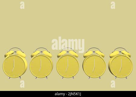 row of clocks line of alarm clocks background colourful 3D render ...