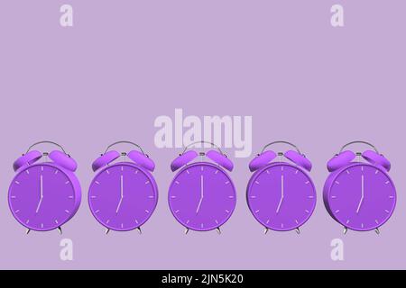 row of clocks line of alarm clocks colourful 3D render rendered clocks clock array multiple ...