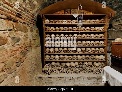 The ossuary with skulls of dead monks in the Great Meteoron monastery ...