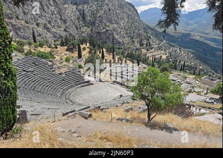 Panorama with greek theater in Delphi, Greece Stock Photo - Alamy