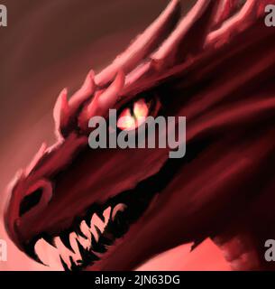 An evil fantastic dragon breathes flame towards a magical medieval ...