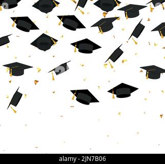 Graduation. Transparent background with realistic flying black degree ...