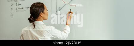 Asian business woman drawing business charts on flipboard during ...