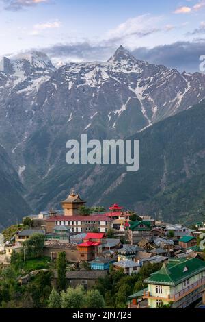 A beautiful shot of the Kalpa village with colorful buildings and ...