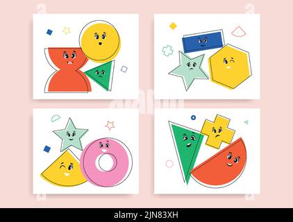 Geometric shapes with emotions. Abstract basic shapes expressing happiness, anger and sadness ...