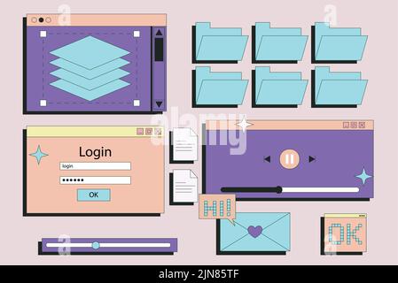 90s retro vaporwave aesthetics digital screen user interface. Cute old computer ui elements ...