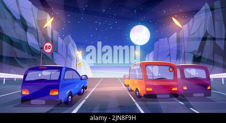 Cars driving at highway rear view, automobiles riding along asphalted ...