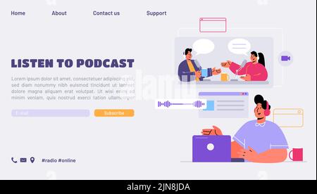 Listen to podcast banner with speakers people in headphones with ...