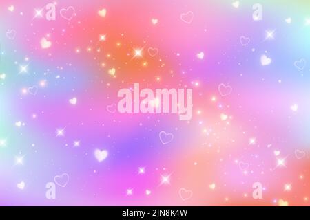 Rainbow unicorn background. Girlie princess sky with stars, hearts and ...