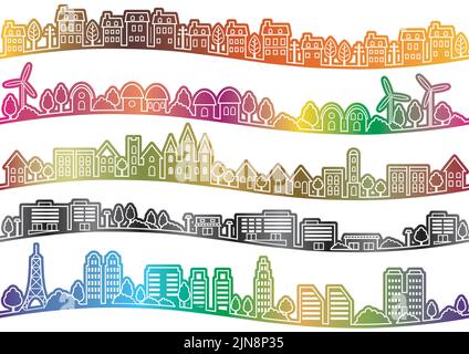 Set Of Seamless Simple Townscape Line Drawings Isolated On A White ...