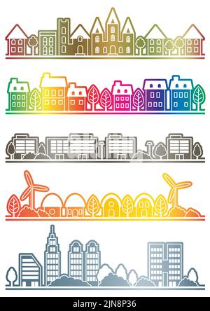 Set Of Seamless Simple Townscape Line Drawings Isolated On A White ...