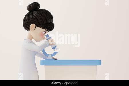 3D cartoon female researcher and microscope, 3d rendering. Computer ...