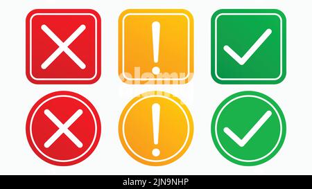 Checkmark, cross and exclamation mark round glossy buttons. Flat vector ...