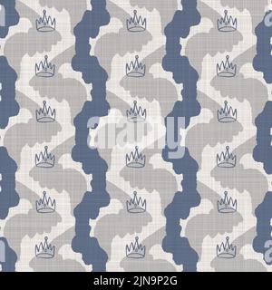 French blue crown motif seamless pattern. Tonal country cottage style ...