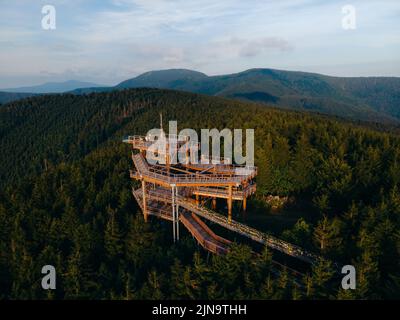 A mountain watchtower Stezka Valaska in Beskydy natural preserve in the ...