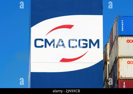 The CMA CGM logo on the funnel of the container carrier CMA CGM Mexico ...