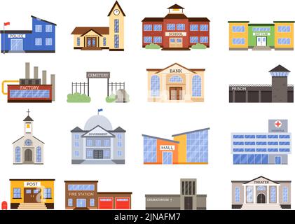 Public building cartoon set 3, church, hospital, police station, museum ...