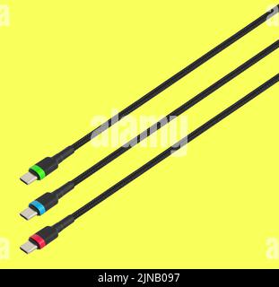 three cables with a USB connector, in RGB colors, isolated on a white ...