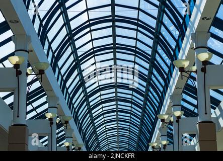 Skylight inside the mall. Interior of main hall shopping mall with ...