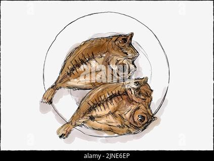 Pen and ink watercolor painting of fried tamarong, matambaka, mackerel ...