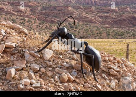 metal sculpture of a giant ant on the lawn by the roads in the country ...