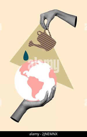 Composite collage of black white effect person pull rope big arrow down ...