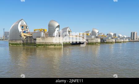The Thames Barrier, London's flood defence system on a clear sunny day ...