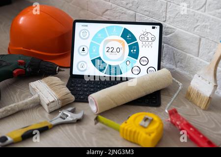 Top View of Digital Tablet and Assorted work and Carpentry Tools Stock ...