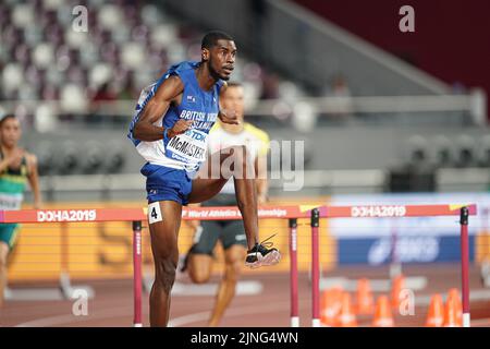 Kyron McMaster participating in the 400m hurdles at the Doha 2019 World ...