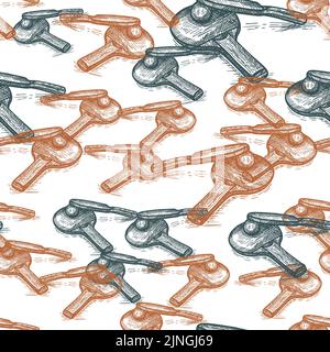 Ping pong racket engraved seamless pattern. Vintage sport elements in ...
