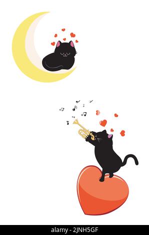 Cartoon black cat play trumpet for kitty on the crescent moon ...