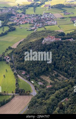 An aerial view of Bieberstein Castle with forest in Rhine, Germany ...