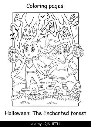 Frightened children in vampire and witch costumes in an enchanted ...