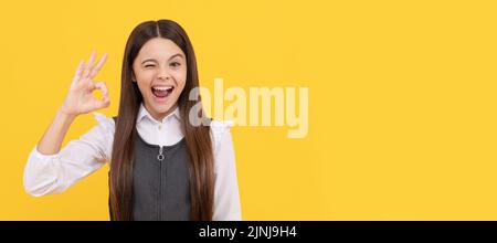 Winking schoolgirl in school uniform happy smile gesturing OK sing ...