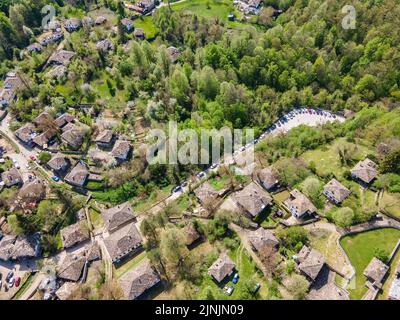 Aerial Spring view of village of Bozhentsi, Gabrovo region, Bulgaria ...