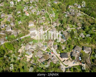 Aerial Spring view of village of Bozhentsi, Gabrovo region, Bulgaria ...