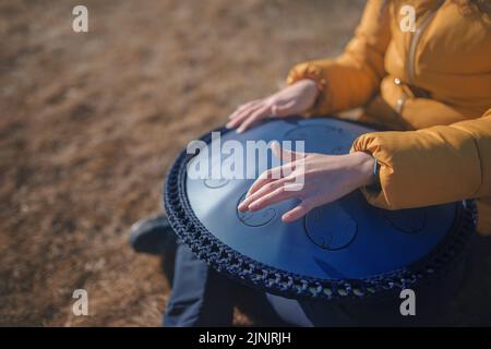 Metal tongue drum, handpan, hand drum, with 8 diatonic pitches. Made of ...