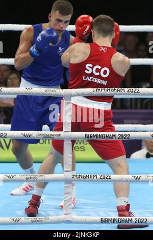 Sean LAZZERINI of Scotland (Red) v Taylor BEVAN of Wales (Blue) in the ...