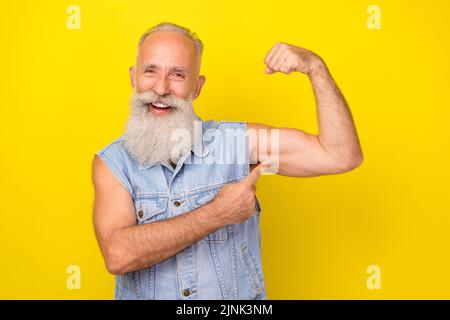 Photo of pretty charming man pensioner dressed white t-shirt smiling ...
