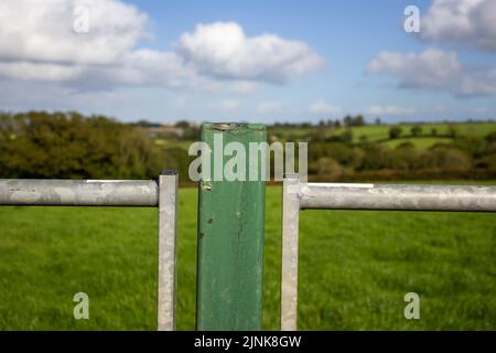 green gate post and double gate with Devon countryside in the ...