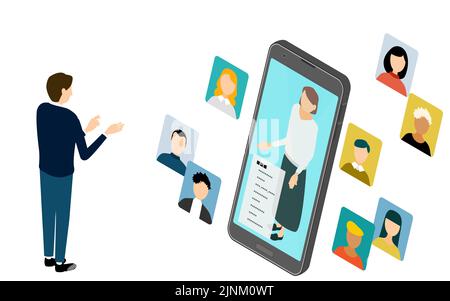 Image illustrations of people connecting using isometric and smartphone ...